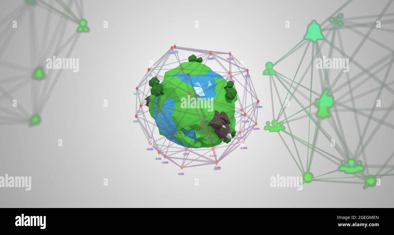 Network of connection icons against globe with growing trees and plane ...