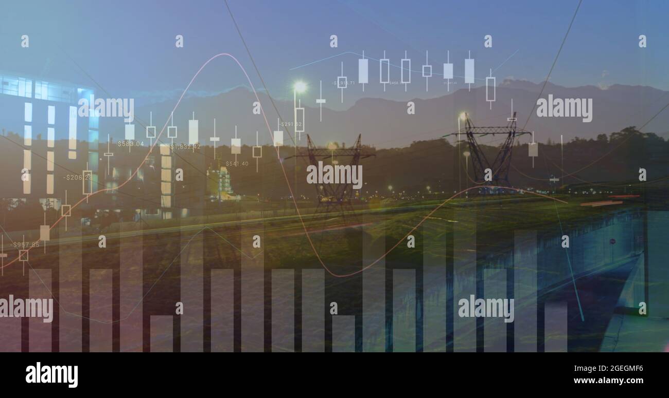 Graphs and statistics on a highway with transmission towers 4k Stock ...