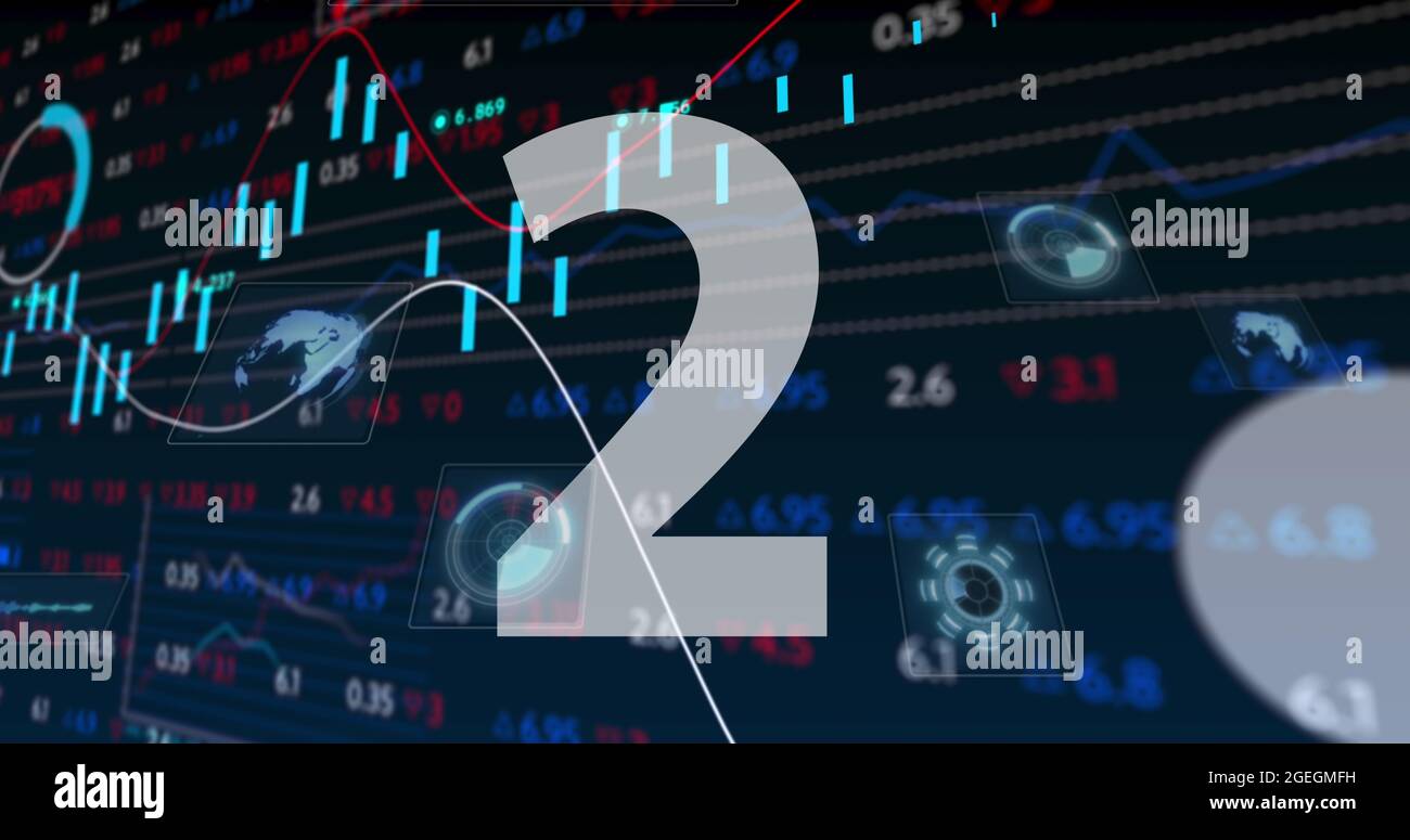 Numbers countdown against stock market data processing on blue ...