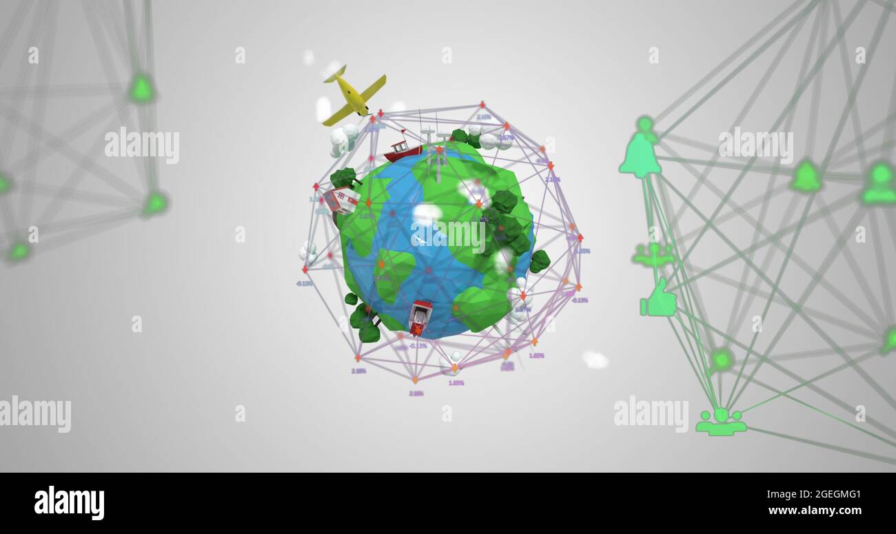 Network of connection icons against globe with growing trees and plane ...