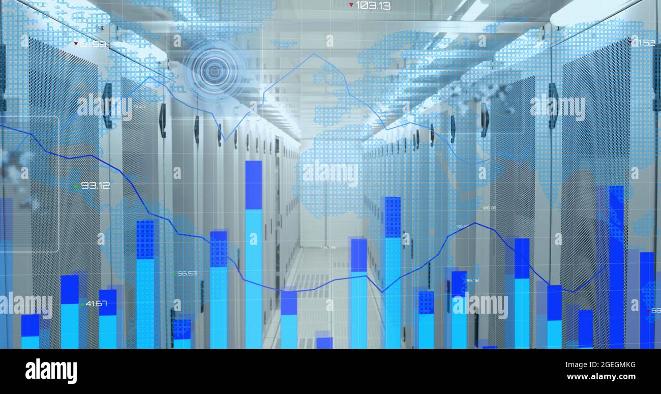 Statistical data processing and round scanners over world map against empty computer server room ...
