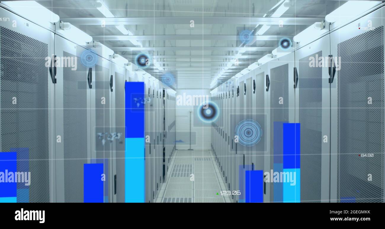Statistical data processing and round scanners over world map against empty computer server room ...