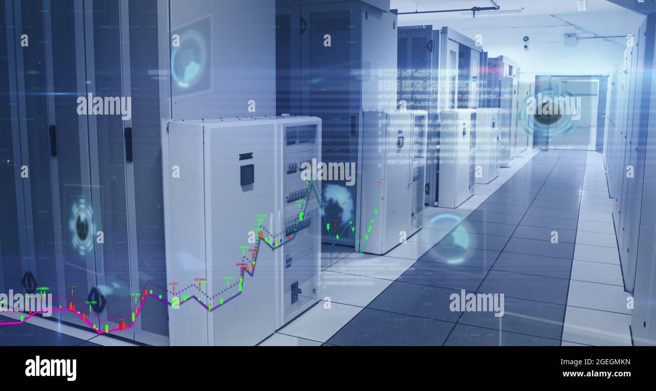 Financial data processing and round scanners against empty computer server room Stock Photo - Alamy