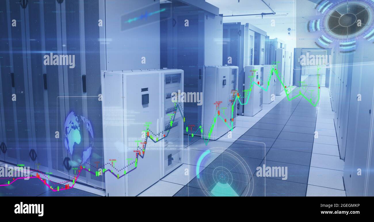 Financial data processing and round scanners against empty computer server room Stock Photo - Alamy