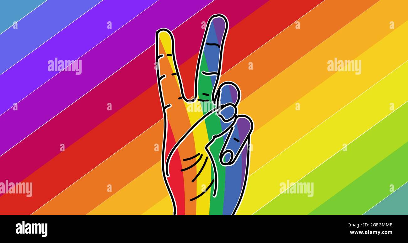 Rainbow hand making v sign over rainbow stripes background Stock Photo ...