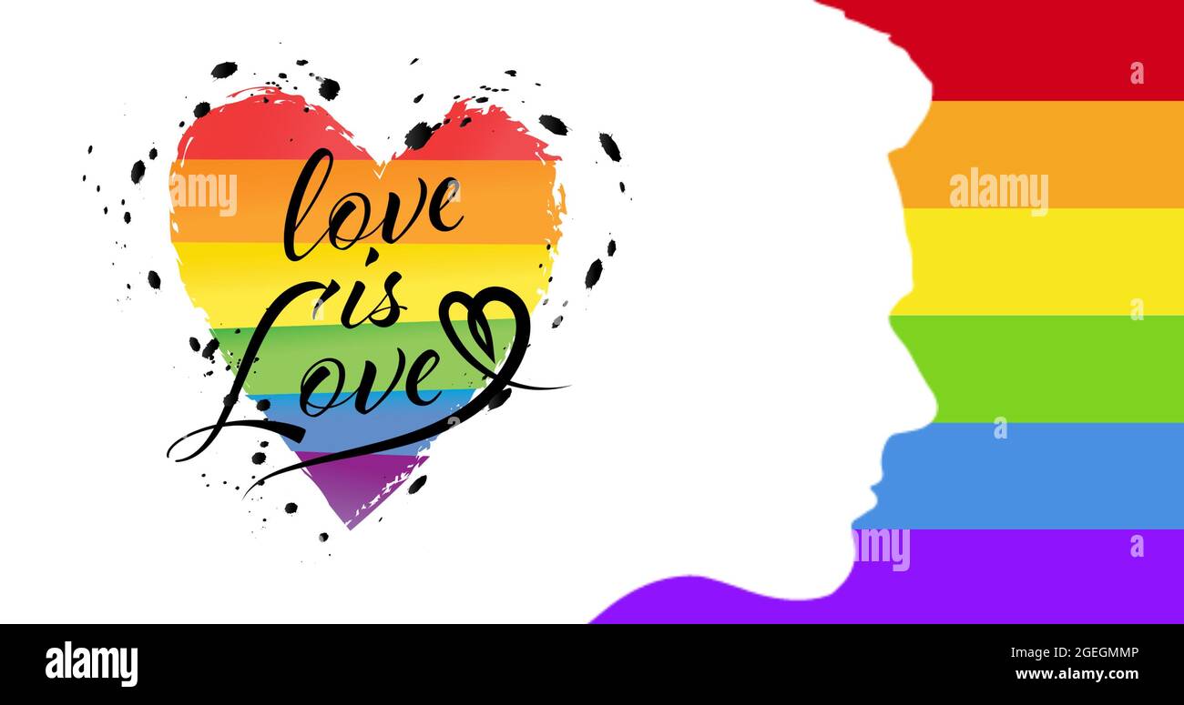 Love is love text over human head profile on rainbow stripes background ...