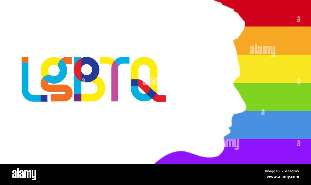 Lgbtq text over human head profile on rainbow stripes background Stock ...