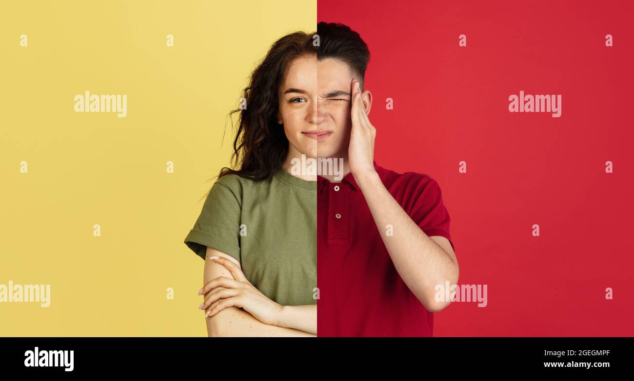 Two halves of young people faces, man and woman over colored ...