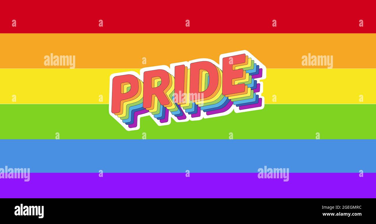 Pride text with rainbow colors over rainbow stripes background Stock ...