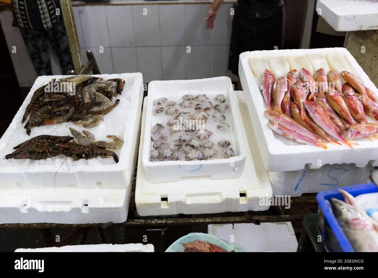 Fresh seafood market in Batumi Georgia. Live fish in ice. Flounder, red ...