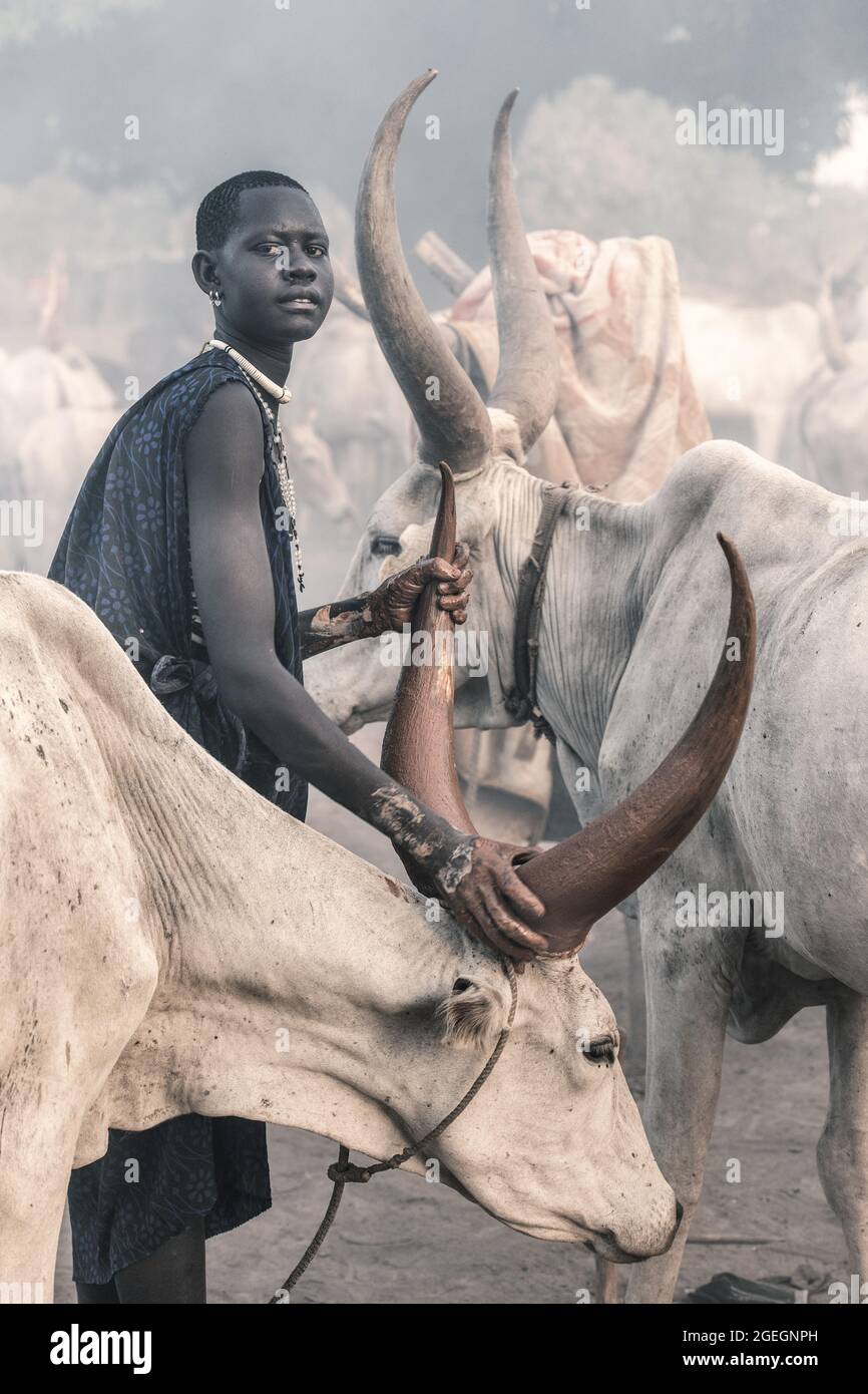 A woman guided a cow. TEREKEKA, SOUTH SUDAN: In one image, a man stared ...