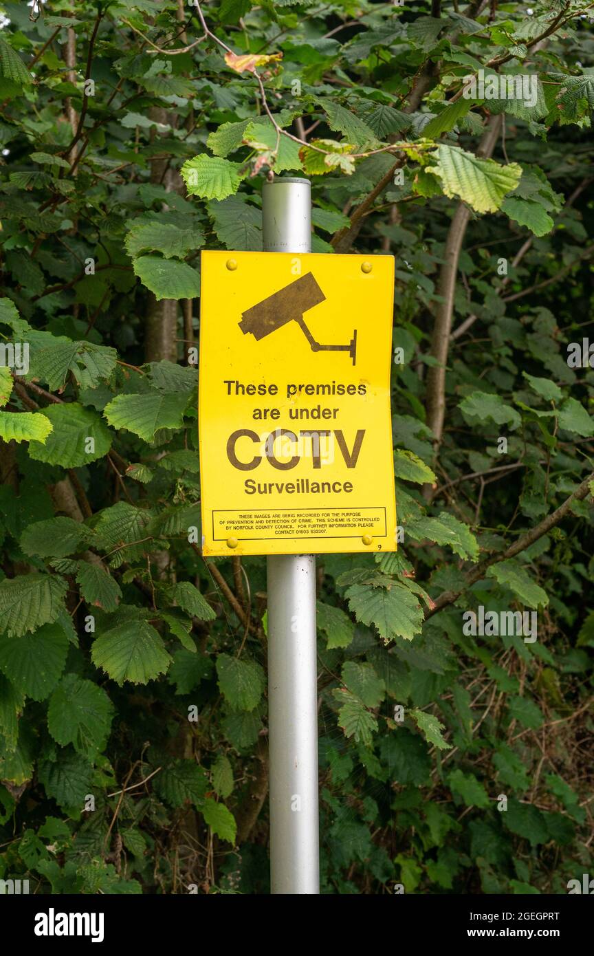 Closed circuit TV yellow sign on a metal post with green bushes behind ...