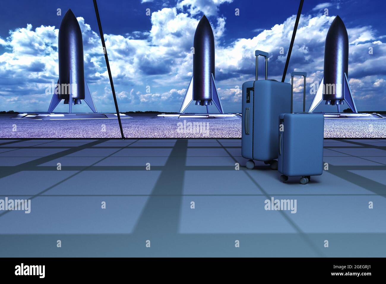 to the stars, space tourism, suitcase at the rocket port (3d rendering ...