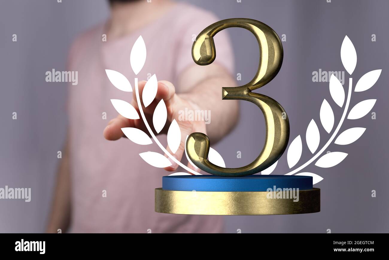 3D rendering illustration of the 3rd place award in a hand Stock Photo ...
