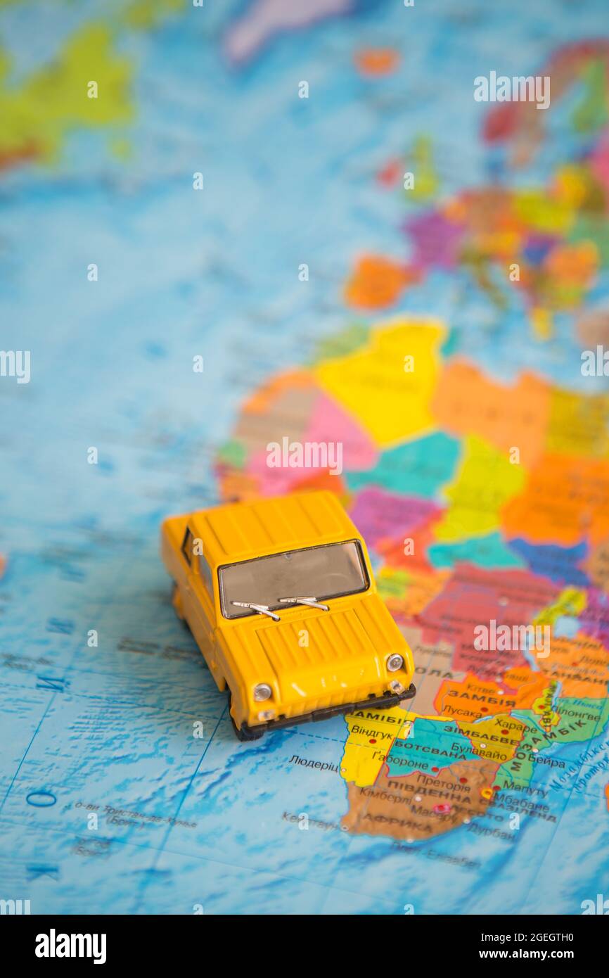 three retro car on colorful world map, travel, road Stock Photo - Alamy
