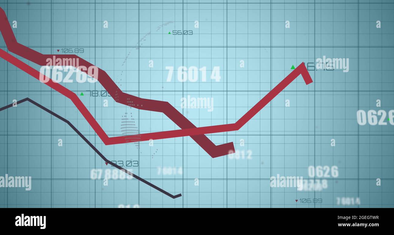 Image of numbers changing and red lines over spinning globe Stock Photo ...