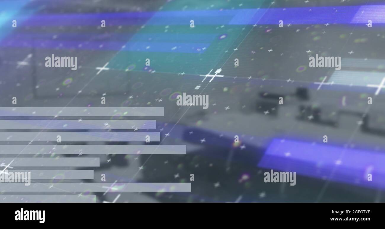 Light trails over grid network against empty office in background Stock Photo - Alamy