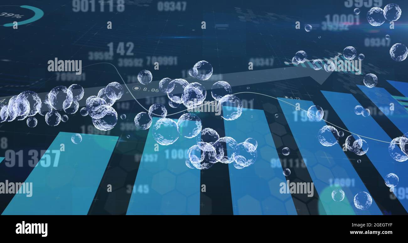 Multiple bubbles floating and changing numbers against financial data ...