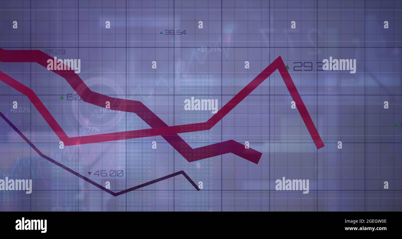 Image of numbers changing and red lines over grid Stock Photo - Alamy