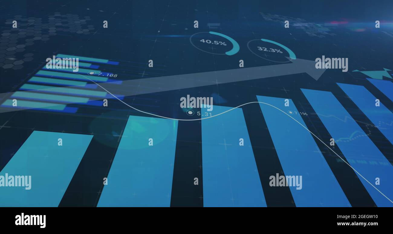 Multiple bubbles floating and changing numbers against financial data ...