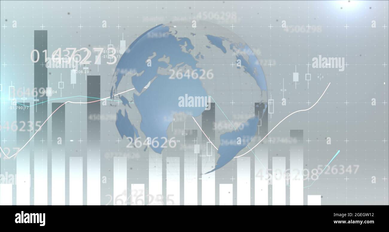 Multiple changing numbers over spinning against statistical data processing on grey background ...