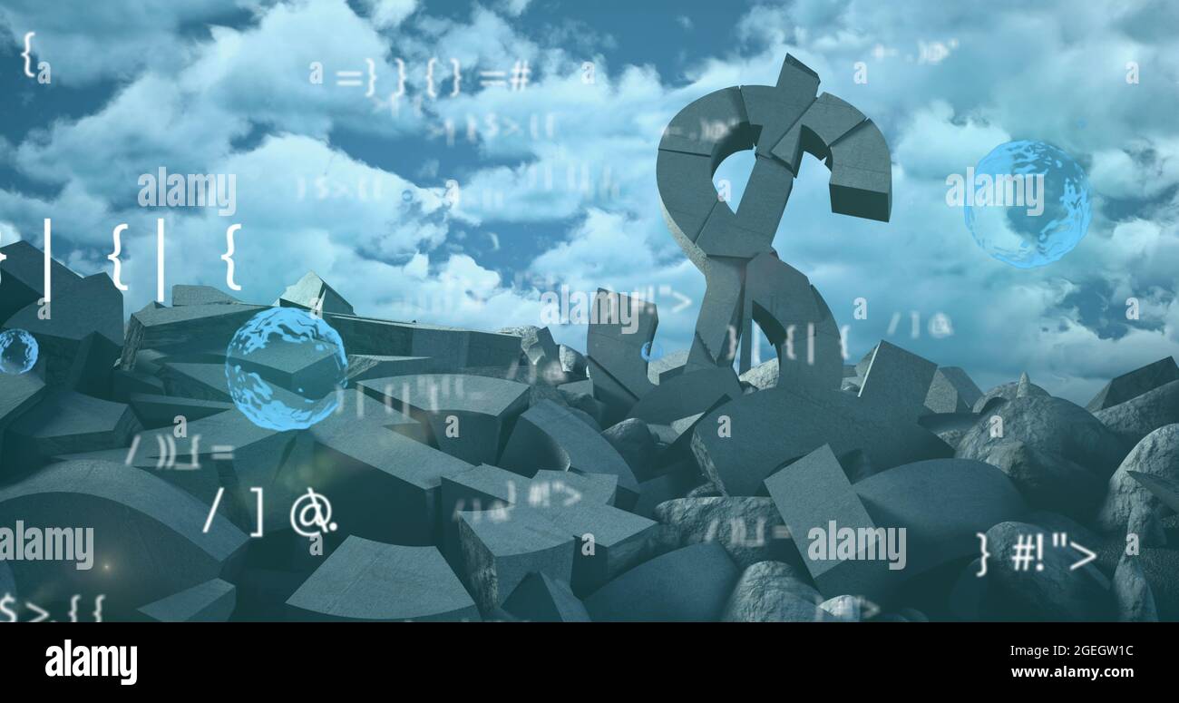 Multiple bubbles floating and changing symbols over broken dollar ...