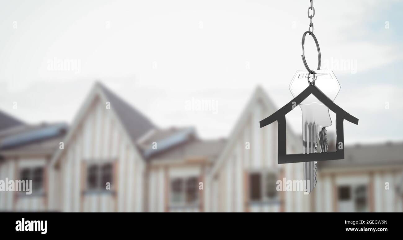 House keys and key fob hanging over out of focus house 4k Stock Photo ...