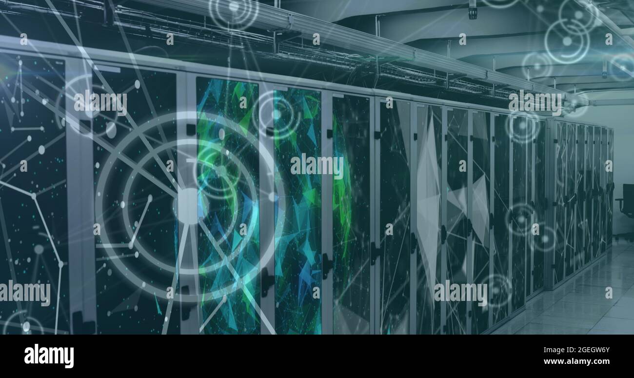 Image of network of connections with points over tech room with computer servers Stock Photo - Alamy