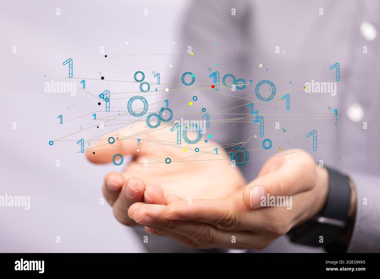 Male's hands holding an illustration of digital technology concept ...