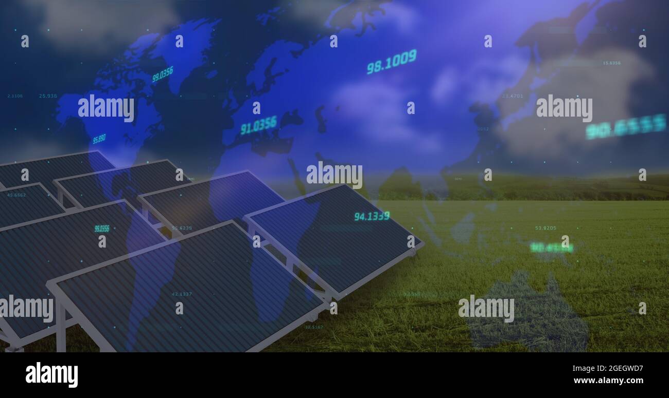 Multiple changing numbers over world map against solar panels on grass ...
