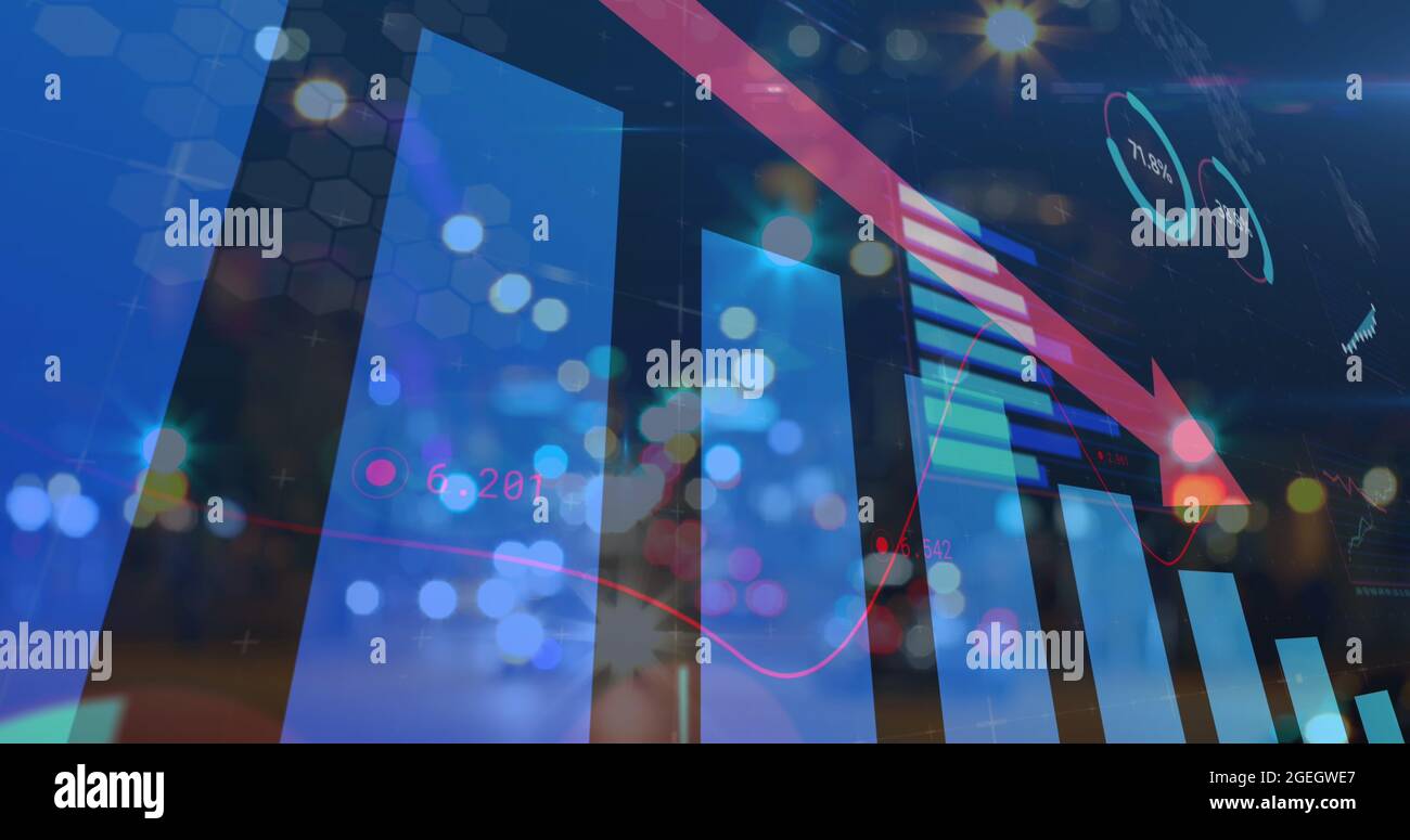 Image of statistics with red arrow pointing down and financial data ...