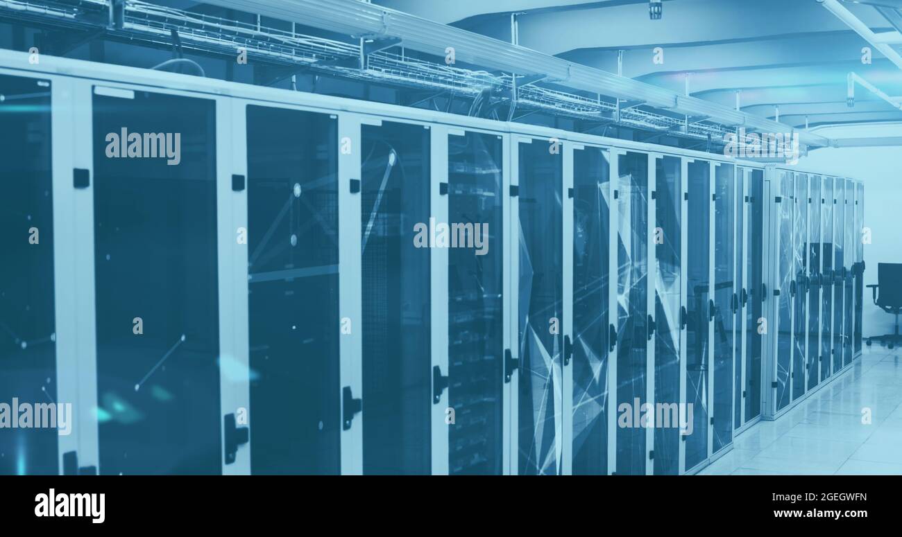 Image of network of connections over tech room with computer servers ...