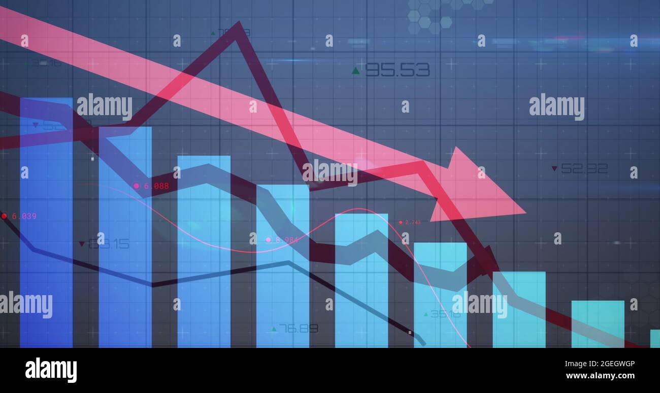 Image of statistics with red arrow pointing down and financial data ...