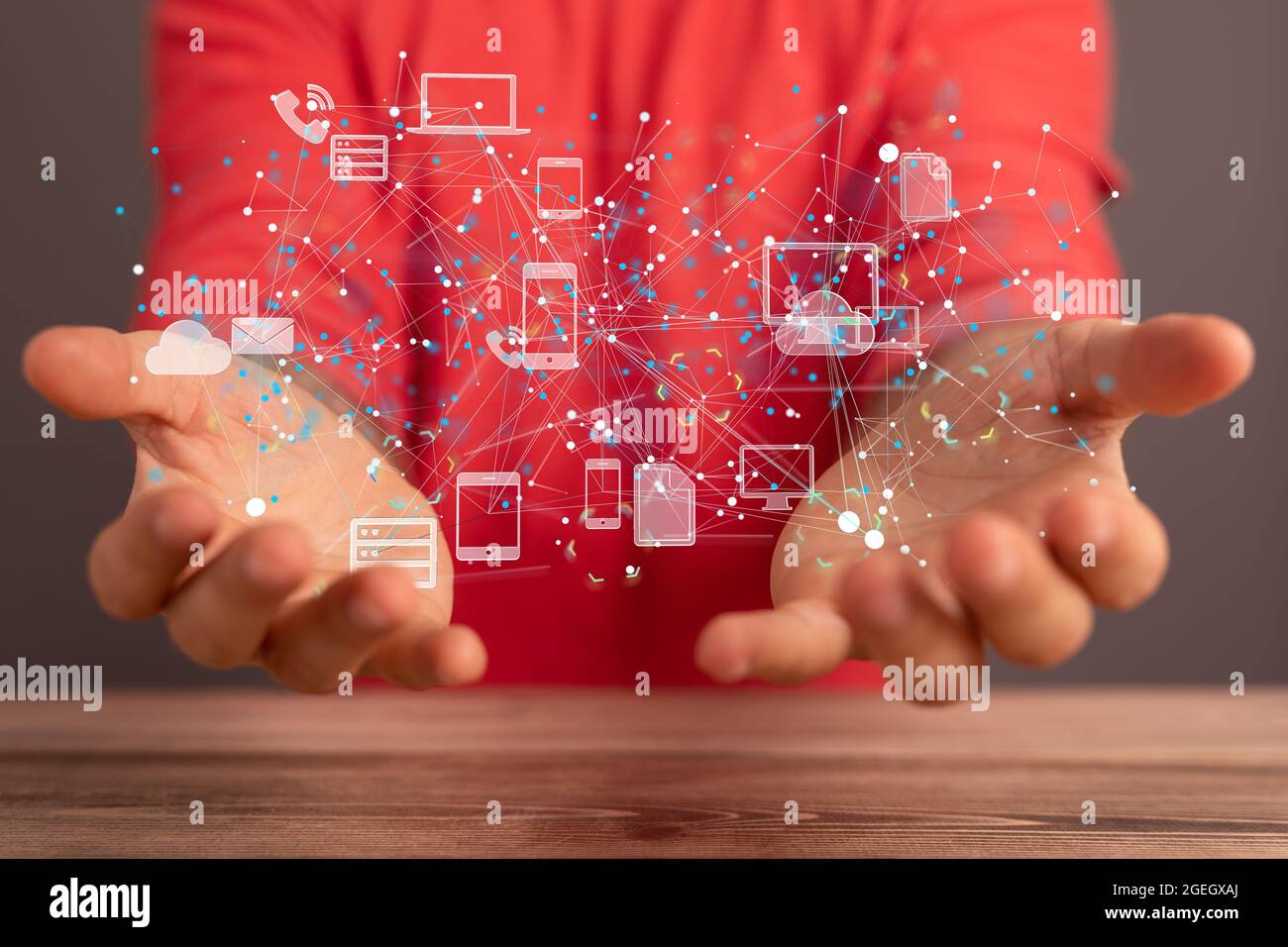 Male's hands holding a 3D rendering illustration of data Internet ...