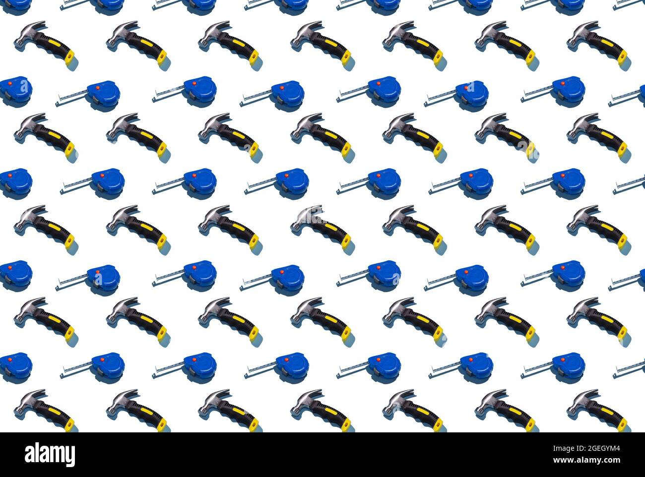Hammer and tape measure, pattern on white background. Construction ...