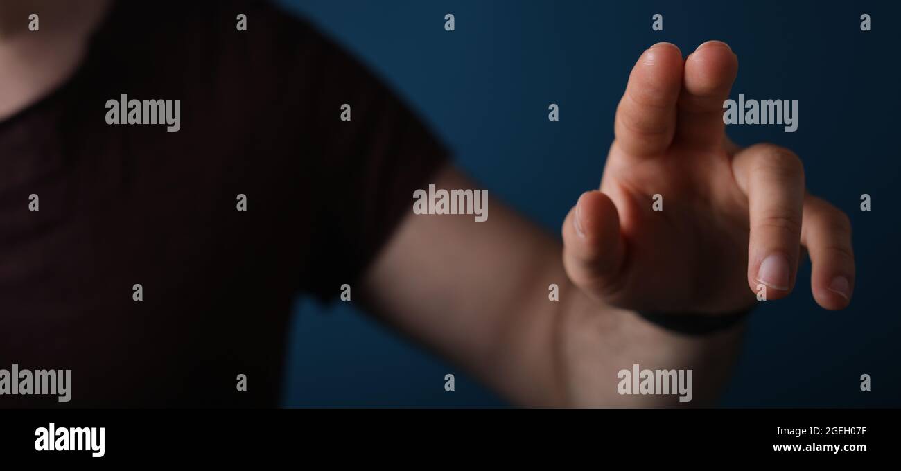 Press young man finger-pointing touch Stock Photo - Alamy