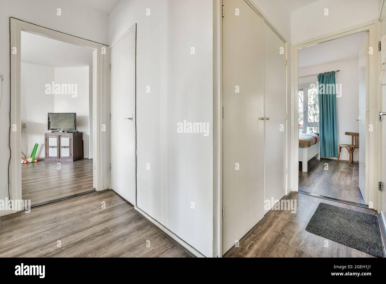 Interior design and decoration of a hallway with a bedroom and ...