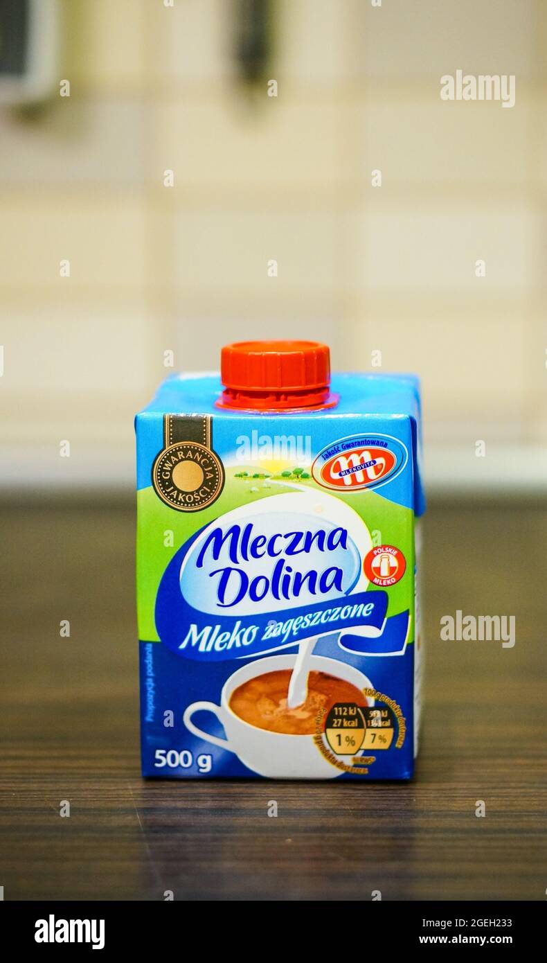 POZNAN, POLAND - Jun 15, 2016: The Mlekovita Mleczna Dolina coffee milk ...