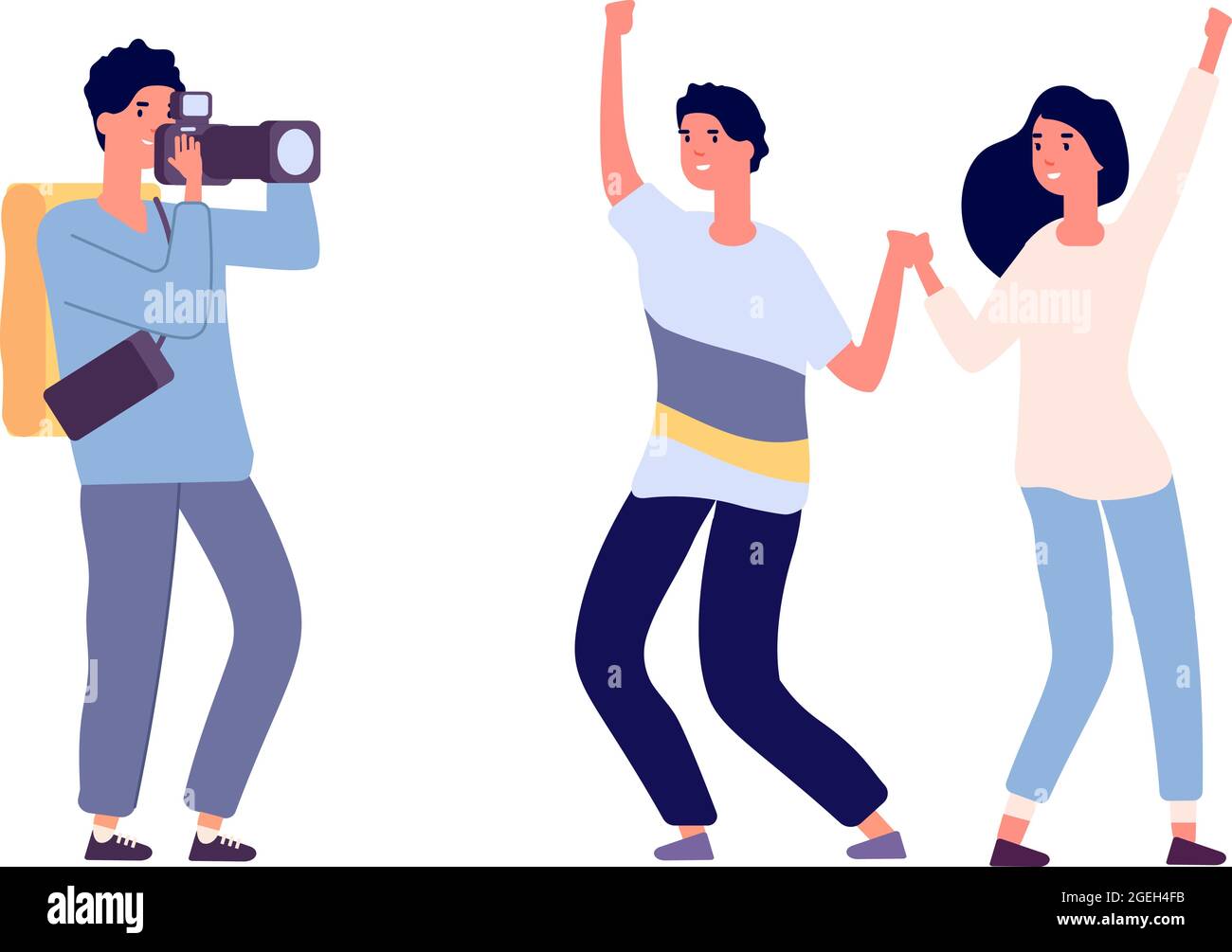 Couple and photographer. Photo session, happy young man woman posing ...