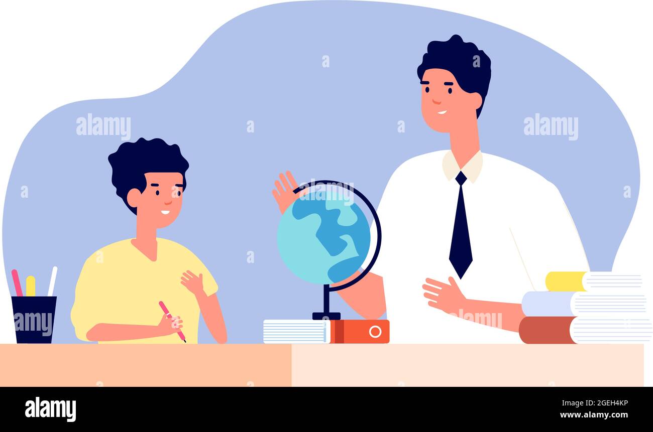 Private teacher. One to one training, boy on geography lesson. Student ...