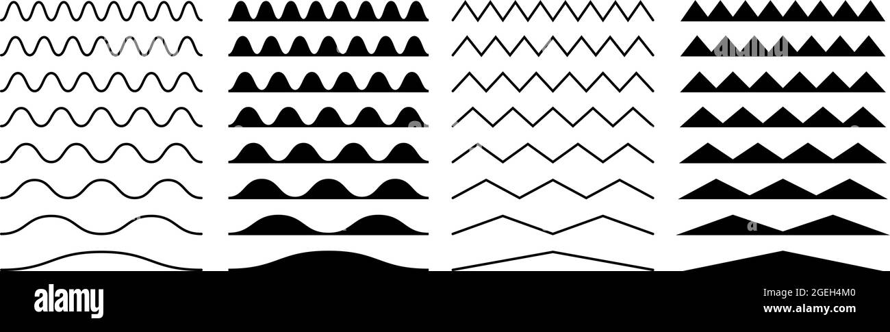 Zigzag borders. Jagged wavy decorations, serrate wave stripes. Isolated black squiggle headers ...