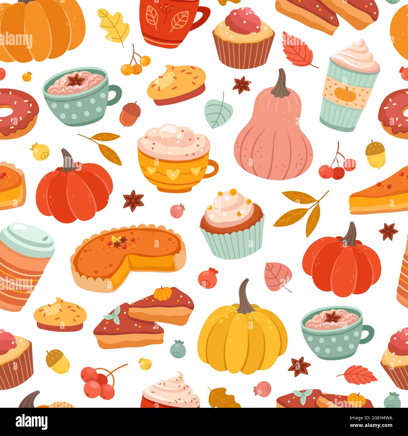 Autumn pumpkin pattern. Pumpkins spice, cinnamon hot drink and pastry ...