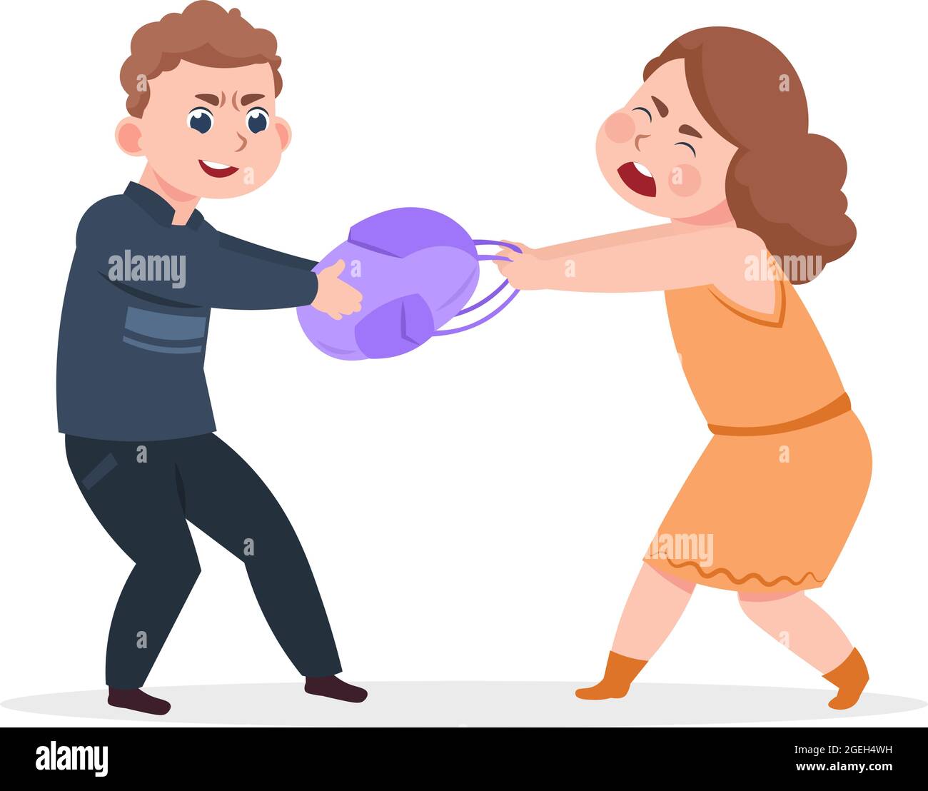Boy takes bag from girl. Bad schoolboy behavior, angry guy. Raised and ...