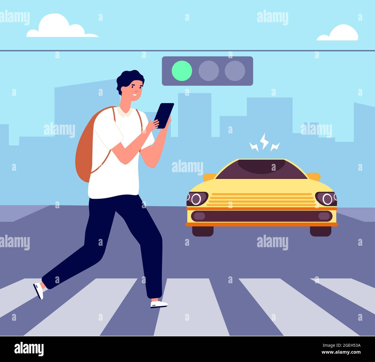 Crosswalk accident. Pedestrian walk crossing street, traffic danger ...