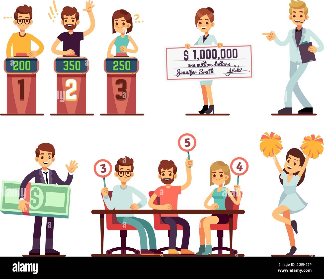 Tv show participants. People jury, showman, girl with prize bank check ...