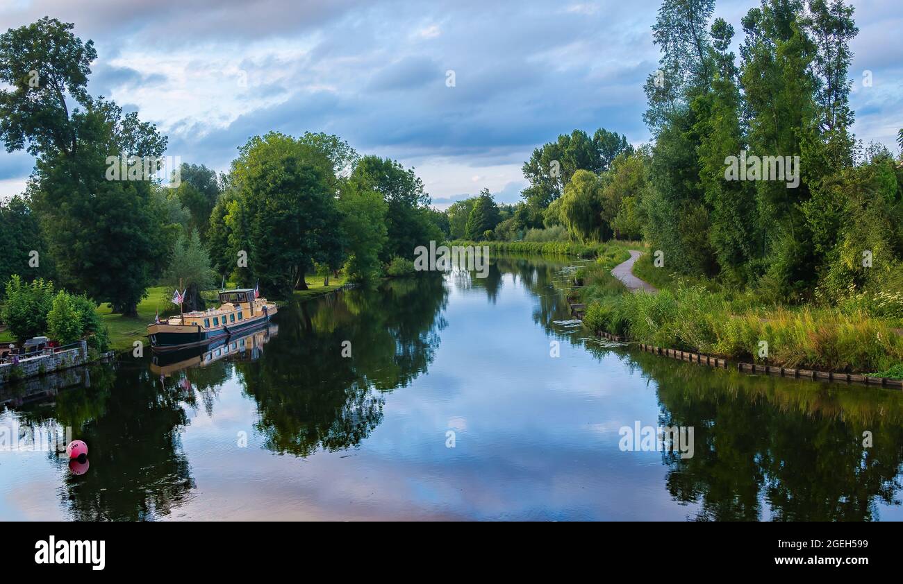 Amiens, France - July 27, 2021: Golden hour view of the Somme river in ...