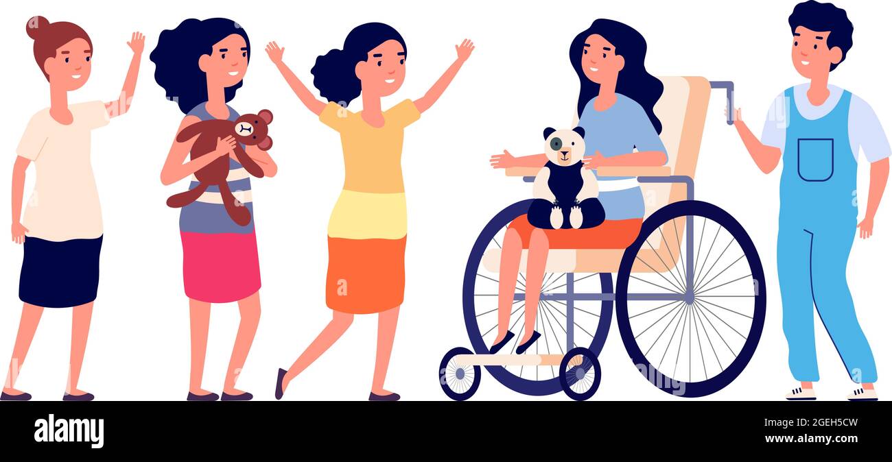 Disabled child. Girl in wheelchair, children group activity. Isolated ...