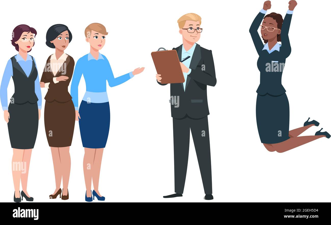 Employer choose worker. Man recruit from crowd women. Happy hired ...