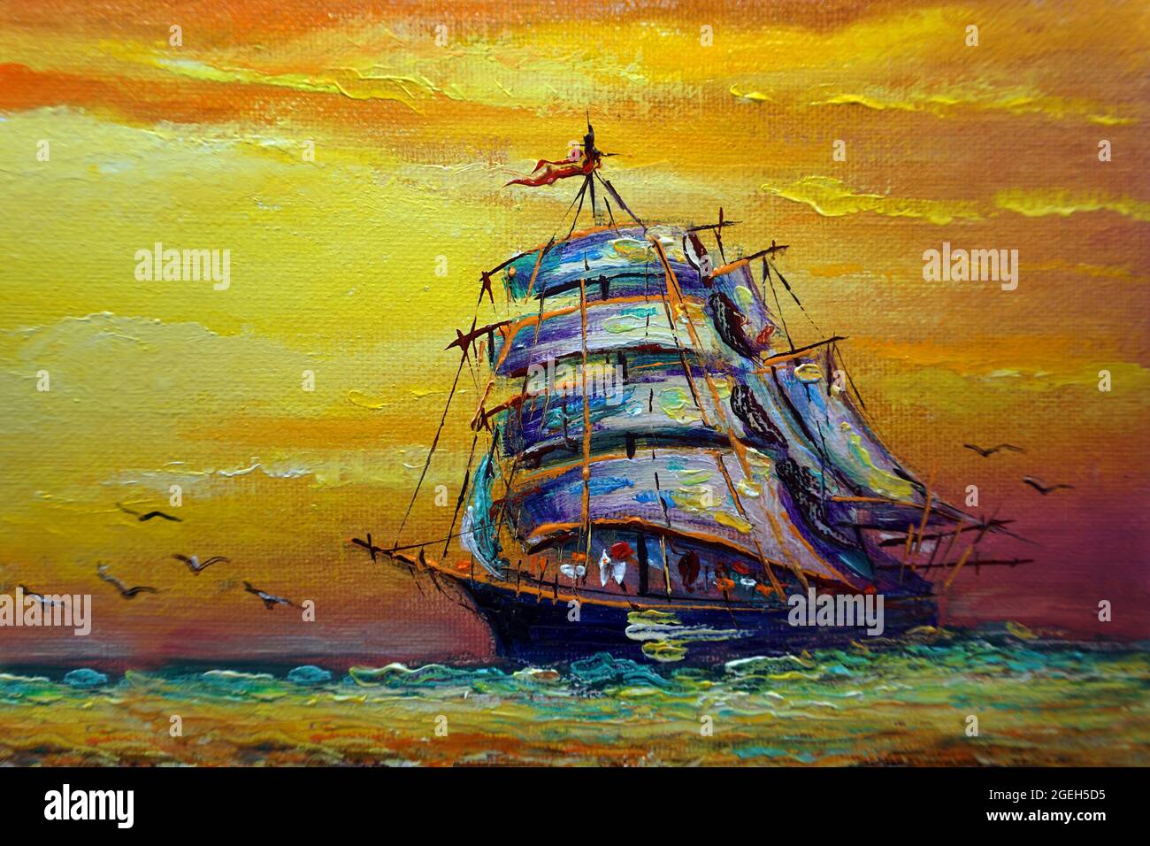 art oil painting sailboat , barque in sea from thailand , junk boat ...