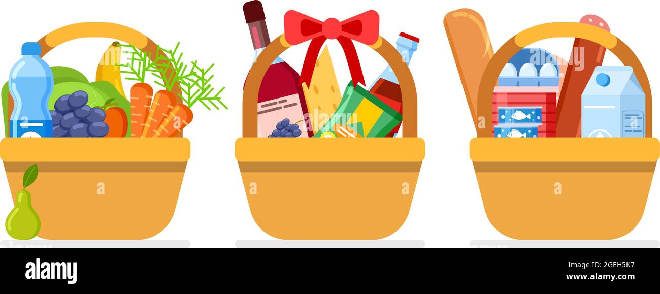Food baskets. Christmas gift foods, package with different eating ...